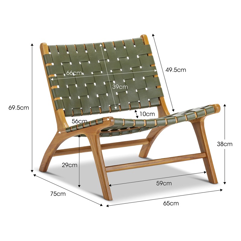 Casey Woven Leather & Teak Timber Lounge Chair, Olive / Natural