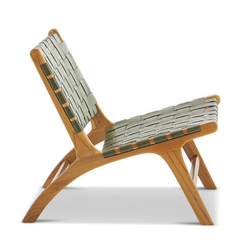 Casey Woven Leather & Teak Timber Lounge Chair, Olive / Natural