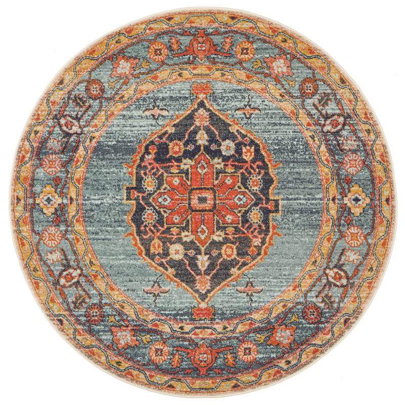 Legacy No.862 Bohemian Round Rug, 150cm, Teal / Rust